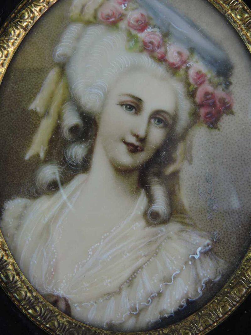 Miniature Portrait Painting of Lady with Hat on Ivory in Ebonized Frame.
