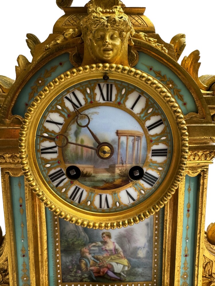 A beautiful 3 piece Clock set in Gilt Bronze & 'Sevres' Porcelain ...